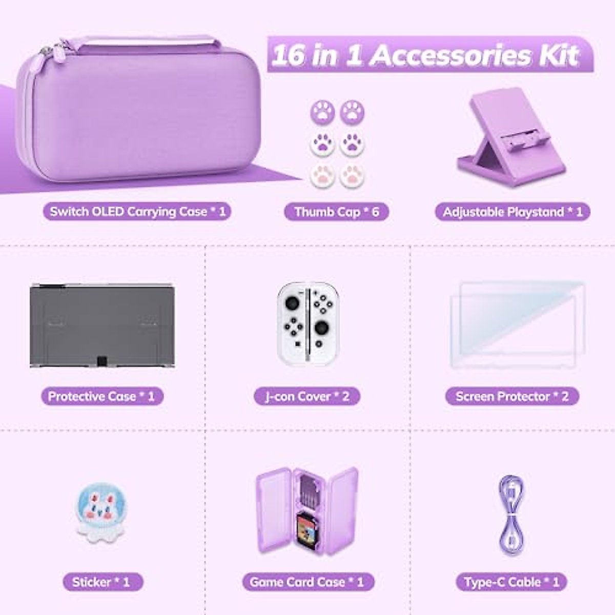 Younik Switch OLED Accessories Bundle, 16 in 1 Accessories Kit Includes Switch OLED Carrying Case, Protective Case Cover for Console & J-Con, Screen Protector, Adjustable Stand, Switch Game Case