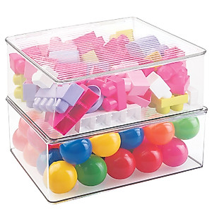 mDesign Plastic Stackable Rectangular Storage Bin, Drawer or Cabinet Organizer with Lid, Container Box for Organizing Electronics, Crayons, Puzzles, Games, Toys - Ligne Collection - 2 Pack - Clear