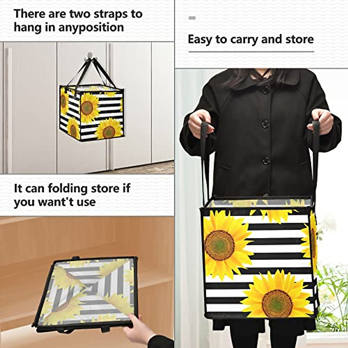 KEEPREAL Sunflower Black and White Stripes Cube Storage Bin with Handles, Large Collapsible Organizer Storage Basket for Home Decorative(1Pack,10.6 x 10.6 x 10.6 in)