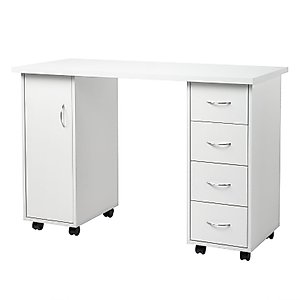 Knocbel Computer Desk Manicure Nail Table with Four Drawers and A Cabinet, with Wheels for Flexible Use, Sturdy Wooden Construction, Large Storage Space, 47.2" L x 21.3" W x 31.9" H White