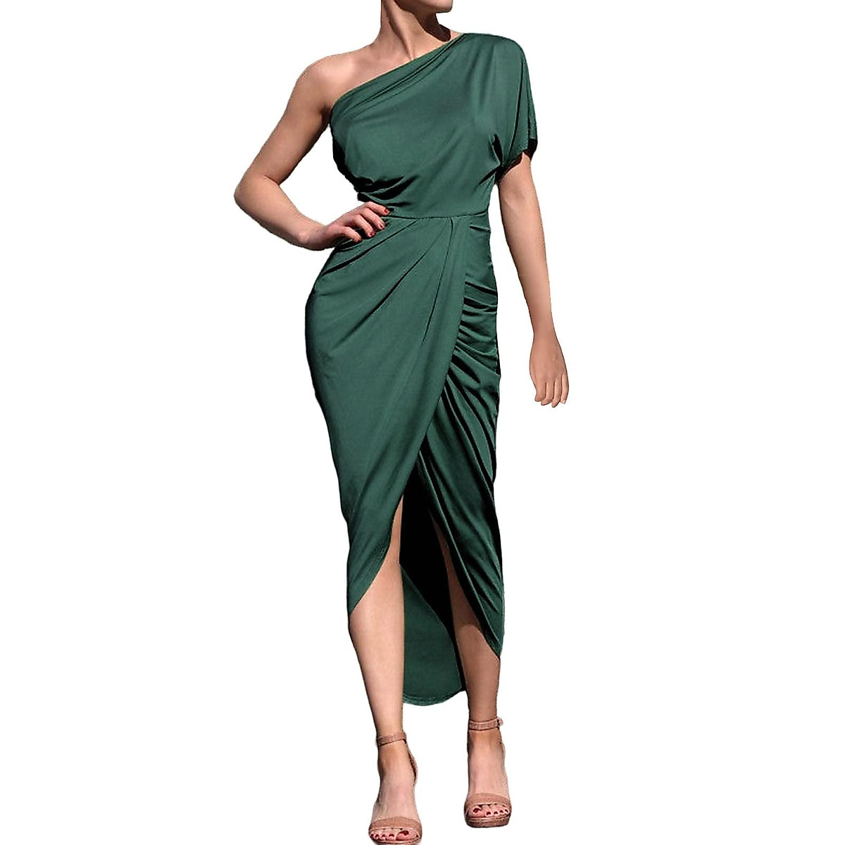 Mini Dresses for Women Summer Women's Casual Fashion Dresses Solid Tunic Cocktail Party Dress Sexy Split Cold Shoulder Green