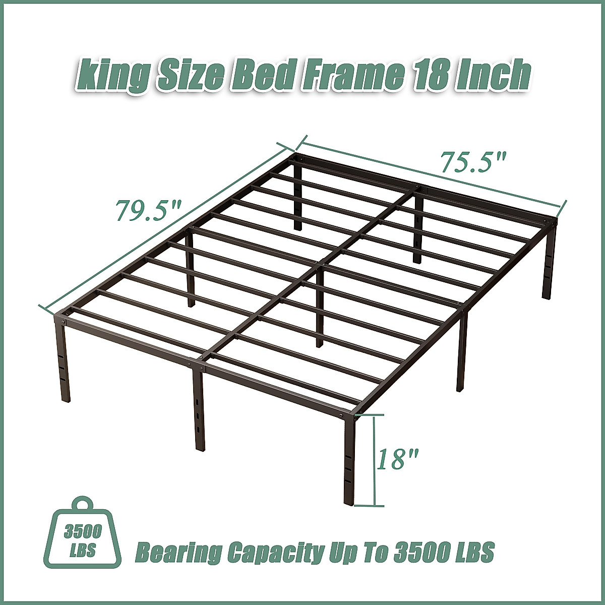 JTPTU Heavy-Duty King Metal Bed Frame, 18 inch Tall, Black, 3500 lbs Weight Capacity, No Box Spring Needed, Easy Assembly, Noise-Free