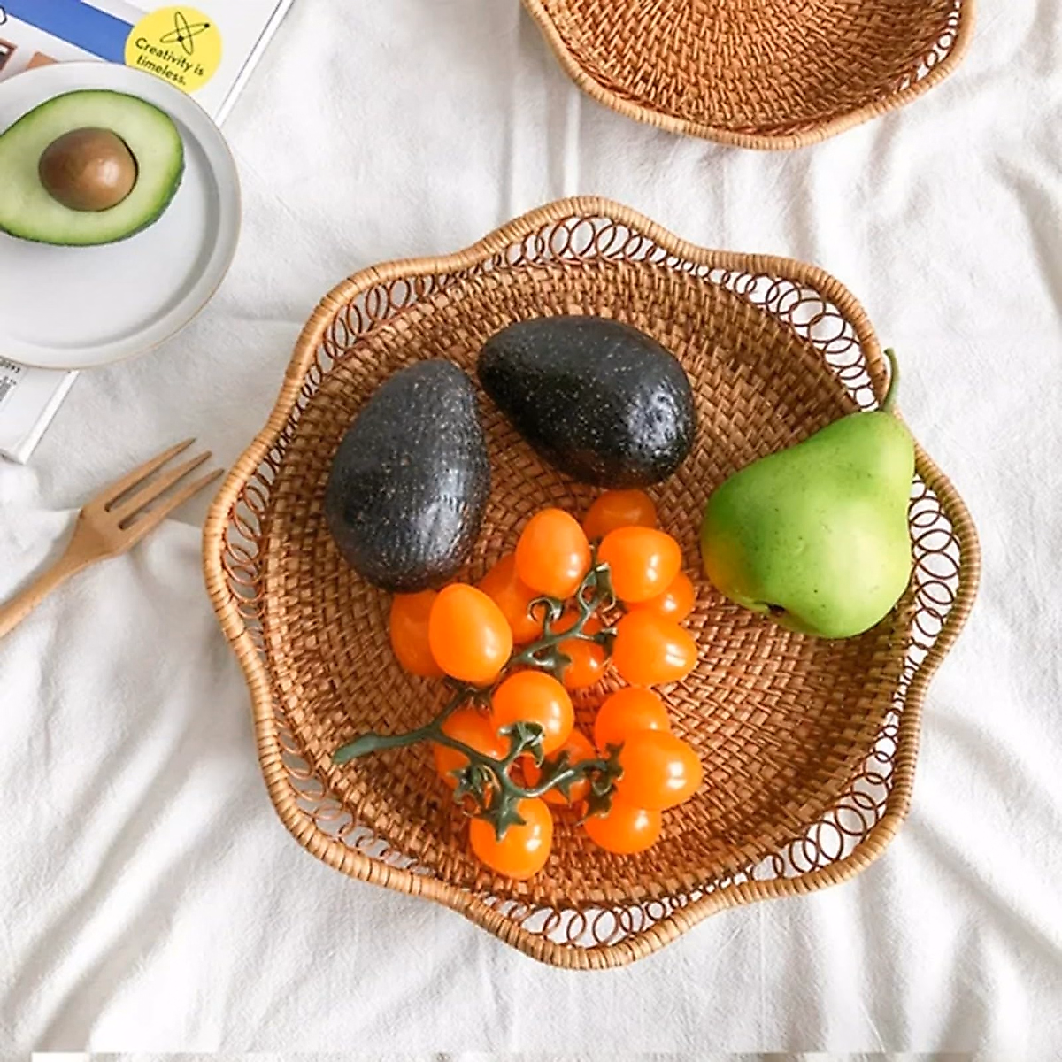 2 Pack Rattan Round Fruit Baskets Wicker Storage Bowls,Woven Serving Basket Bowls Decorative Baskets For Kitchen Counter Organizing (Khaki)