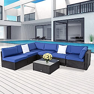 Kinfant Outdoor Patio Furniture Set Wicker Conversation Set - PE Rattan Sectional Sofa with Glass Table and Cushions for Garden Poolside Porch Balcony (Dark Blue)