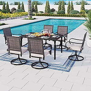HERA'S HOUSE 7 Pieces Patio Dining Set, Rattan Outdoor Furniture Set for 6, 6 x Rattan Swivel Dining Chair, 1 x Rectangular Metal Dining Table, All Weather Resistant for Lawn Garden Backyard Deck