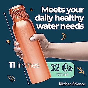 Kitchen Science Copper Water Bottle (34 Oz /1000 ml) with Carrying Canvas Bag & Sleeve| 100% Pure Copper Bottle for Drinking Water | Leak-Proof | Authentic Ayurvedic Copper Water Bottle