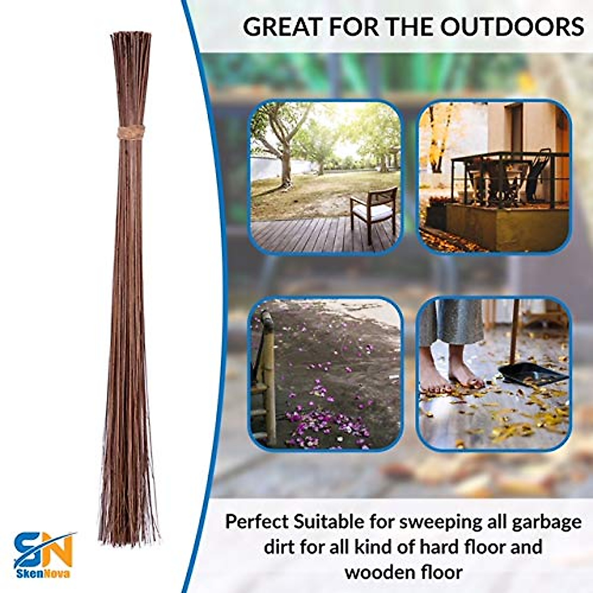 SN SKENNOVA - 1 Piece of 32 inch Multi-Surface Sturdy Outdoor Authentic Coconut Leaf Broom Asian Heavy Duty Broom Thai Natural Coconut Leaf Broom (Country Rustic)