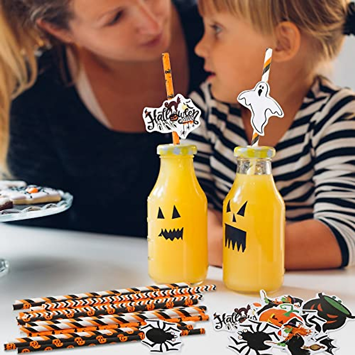 Hotop Halloween Party Supplies Includes 56 Disposable Paper Drinking Straws, 64 Halloween Pattern Cards & 100 Self Adhesive Dots, Pumpkin, Wave, Bat & Stripe Straws for Halloween Party Favors