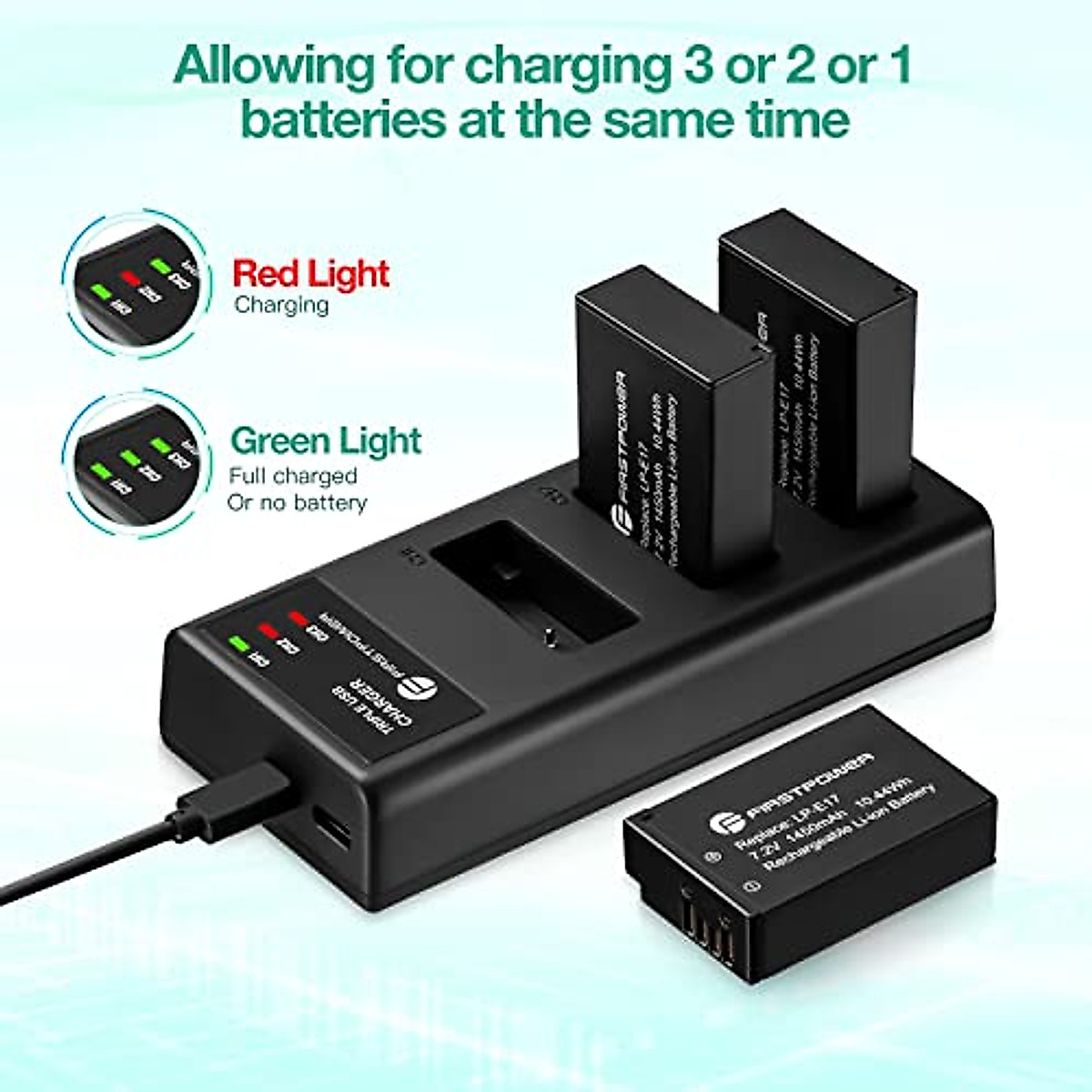 FirstPower LP-E17 Battery 3-Pack and Triple Slot Charger for Canon EOS RP, Rebel T8i, T7i, T6i, T6s, SL2, SL3, M3, M5, M6, 77D, 200D, 750D, 760D, 800D, 8000D, DSLR Cameras