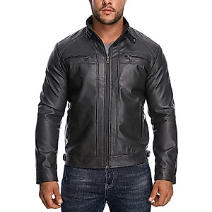 HOOD CREW Men’s Stand Collar Leather Jacket Casual Faux Leather Motorcycle Jacket Outerwear Coat with Zipper Pockets Black XXL