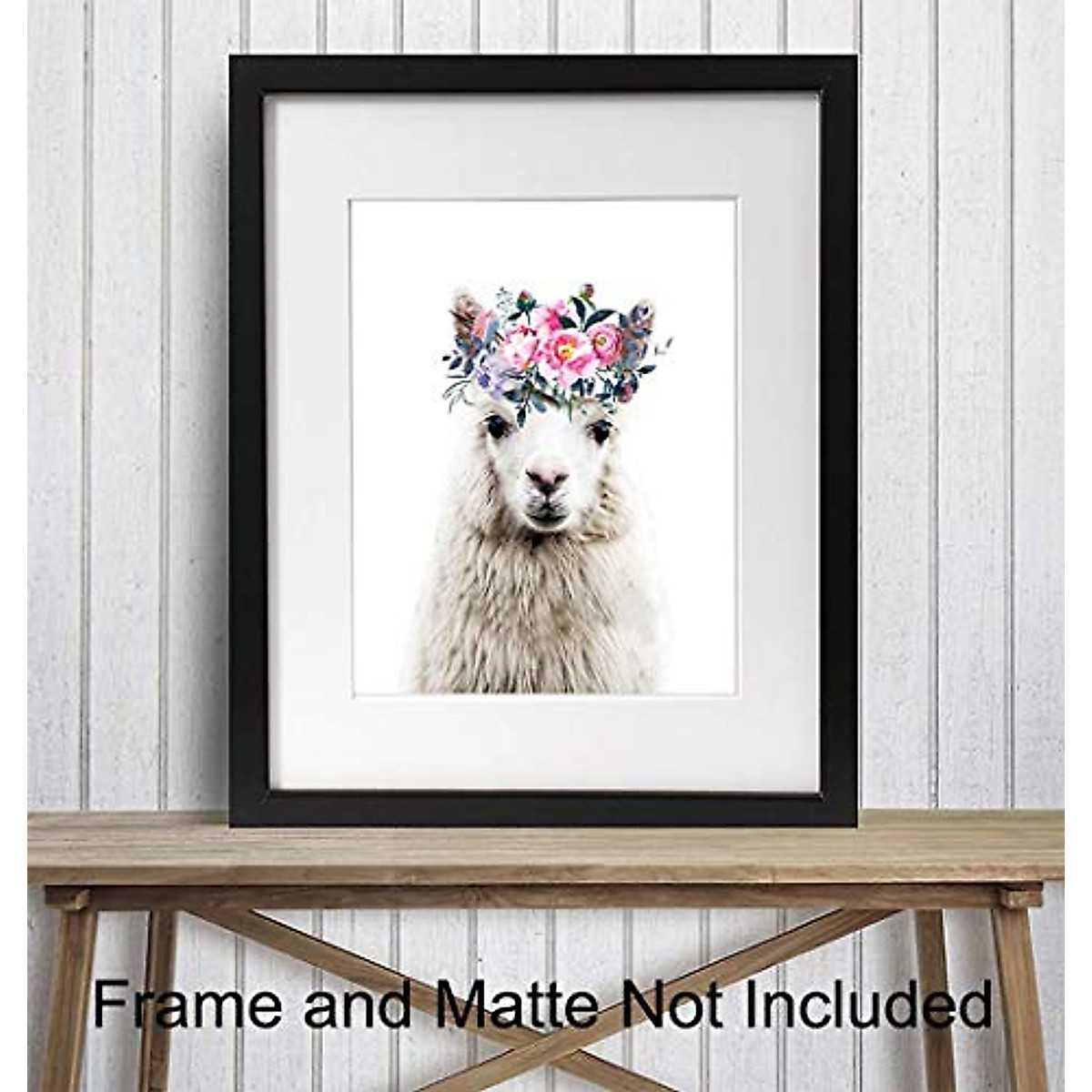 Baby Llama Wall Decor - Flower Crown Alpaca Wall Art Decoration for Girls Bedroom, Kids Room, Nursery - Cute Gift - Boho Shabby Chic Picture - 8x10 UNFRAMED Photo Poster