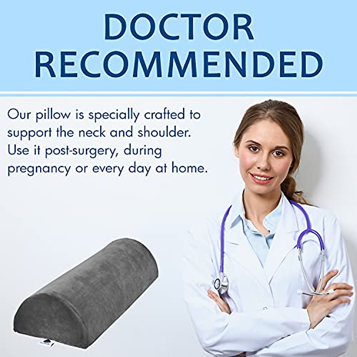 AllSett Health Large Half Moon Bolster Pillow for Legs, Knees, Lower Back and Head, Lumbar Support Pillow for Bed, Sleeping | Semi Roll for Ankle and Foot Comfort - Machine Washable Cover, Grey