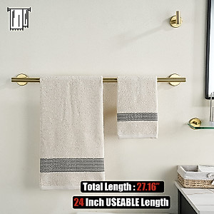 JQK Bath Towel Bar, 24 Inch Brushed Light Gold Towel Rack Bathroom, 304 Stainless Steel Thicken 0.8mm Towel Holder Wall Mount, Total Length 27 Inch, TB110L24-BG