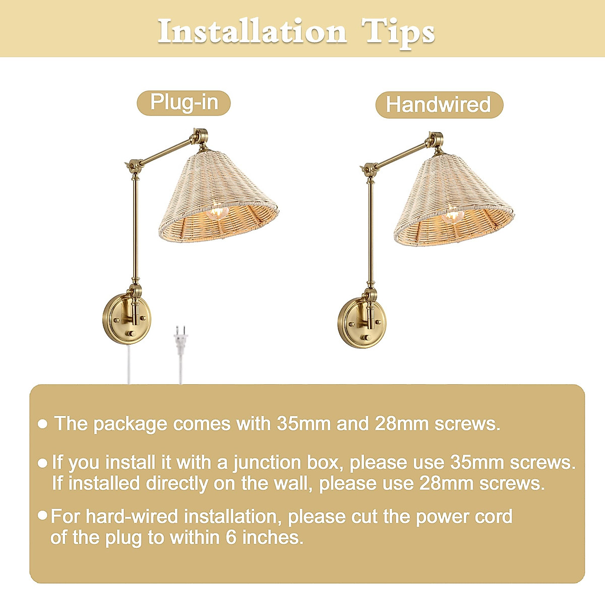 WINGBO Wall Sconce Rattan Wrapped Wall Lamp, Adjustable Swing Arm Wall Light Gold Vintage Bedside Light Fixture Wicker Handmade Shade Brass Reading Light Plug in or Hardwire (2 Pack)