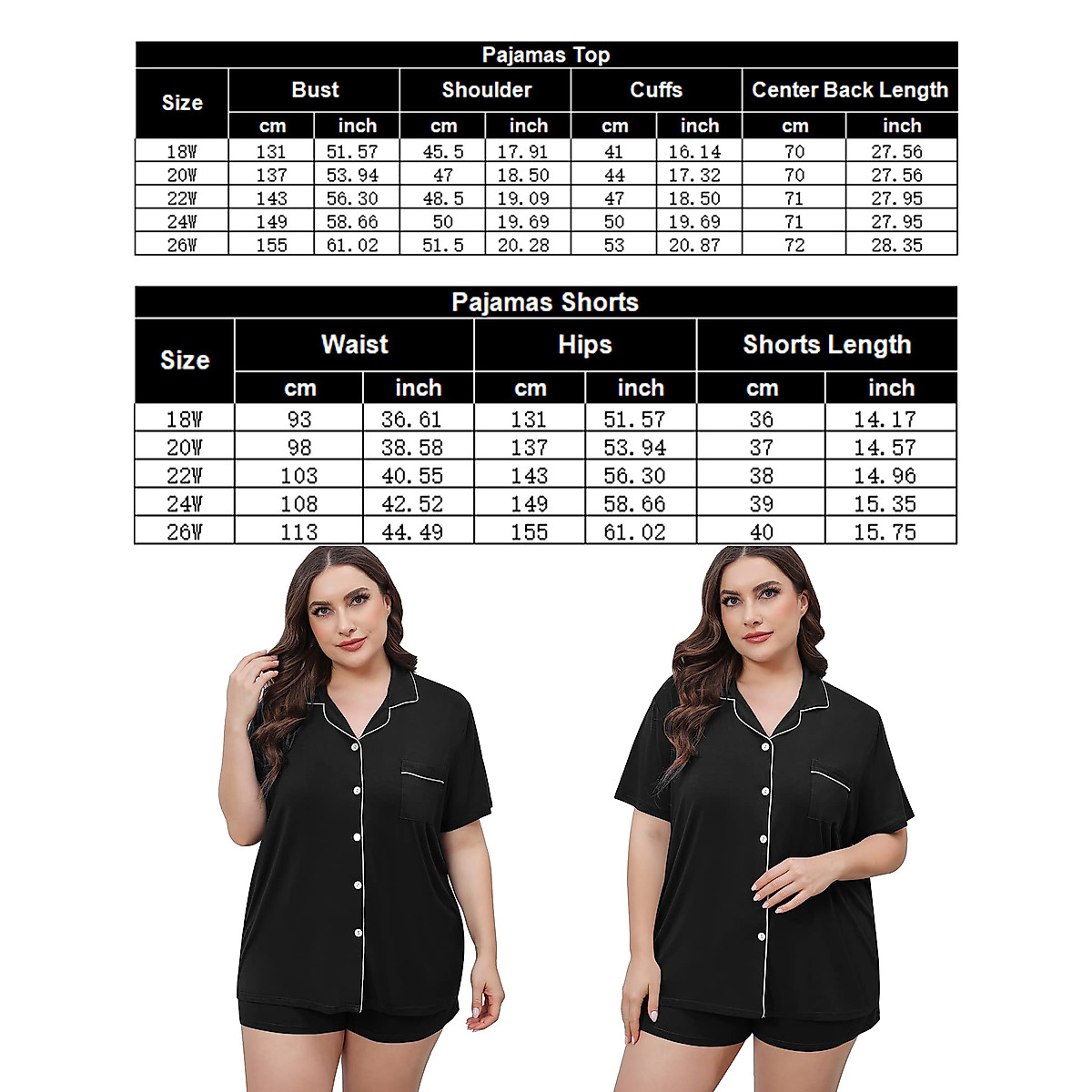 SWOMOG Women's Plus Size Pajamas Set Button Down Tops Short Sleeve Sleepwear Soft Pajama Shorts 2 Pcs Lounge Sets With Pocket Black