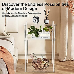 Joogto Acrylic Side Table, Clear 3-Tier Acrylic End Table with Stainless Steel Bracket, Acrylic Nightstand Beside Acrylic Coffee Table for Small Spaces Living Room/Office/Hallway/Bedroom/Balcony