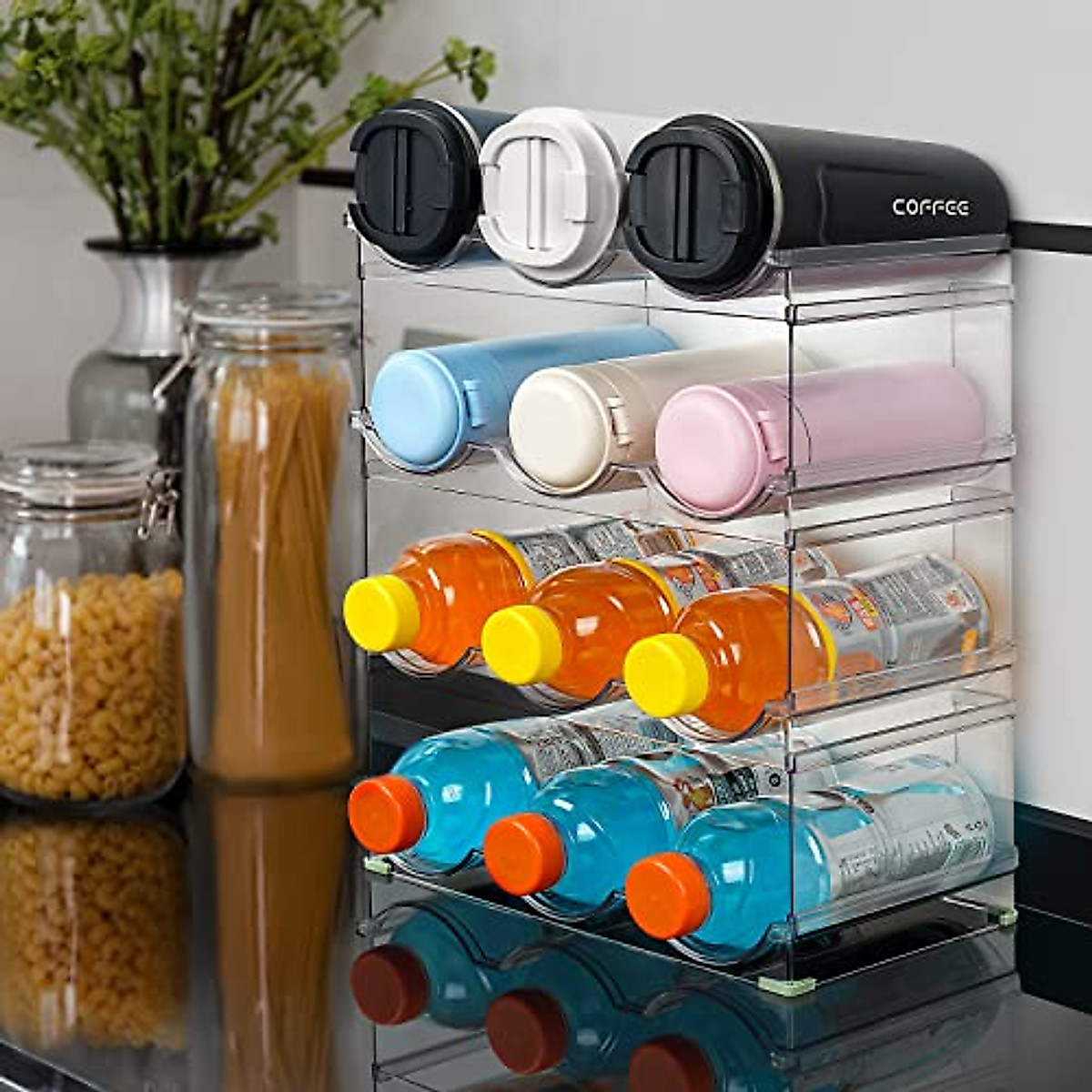 Criusia Water Bottle Organizer, Clear Stackable 3 Bottle Storage Holder Rack for Kitchen Cabinet, Countertop, Fridge, Pantry, Organizer and Storage, Tumbler Travel Mug Cup Organizer, 4 Pack 12 Bottles