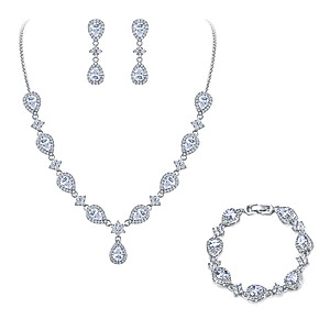 EleQueen Women's Silver-Tone Cubic Zirconia Teardrop Flower Bridal V-Necklace Sets Tennis Bracelet Dangle Earrings Clear