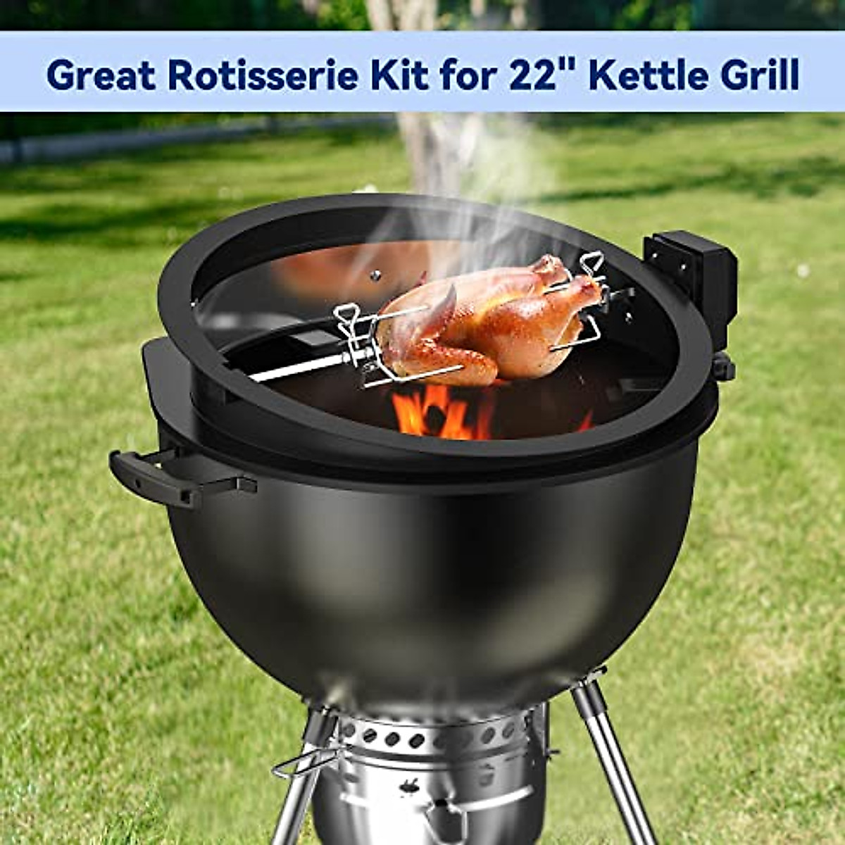 Skyflame 2 in 1 Black Coated Steel Rotisserie Kit with Pizza Ring Compatible with 22 1/2" Weber Kettle Grills - Including Roticery Motor, Spit Rod, Pizza Stone, Pizza Ring