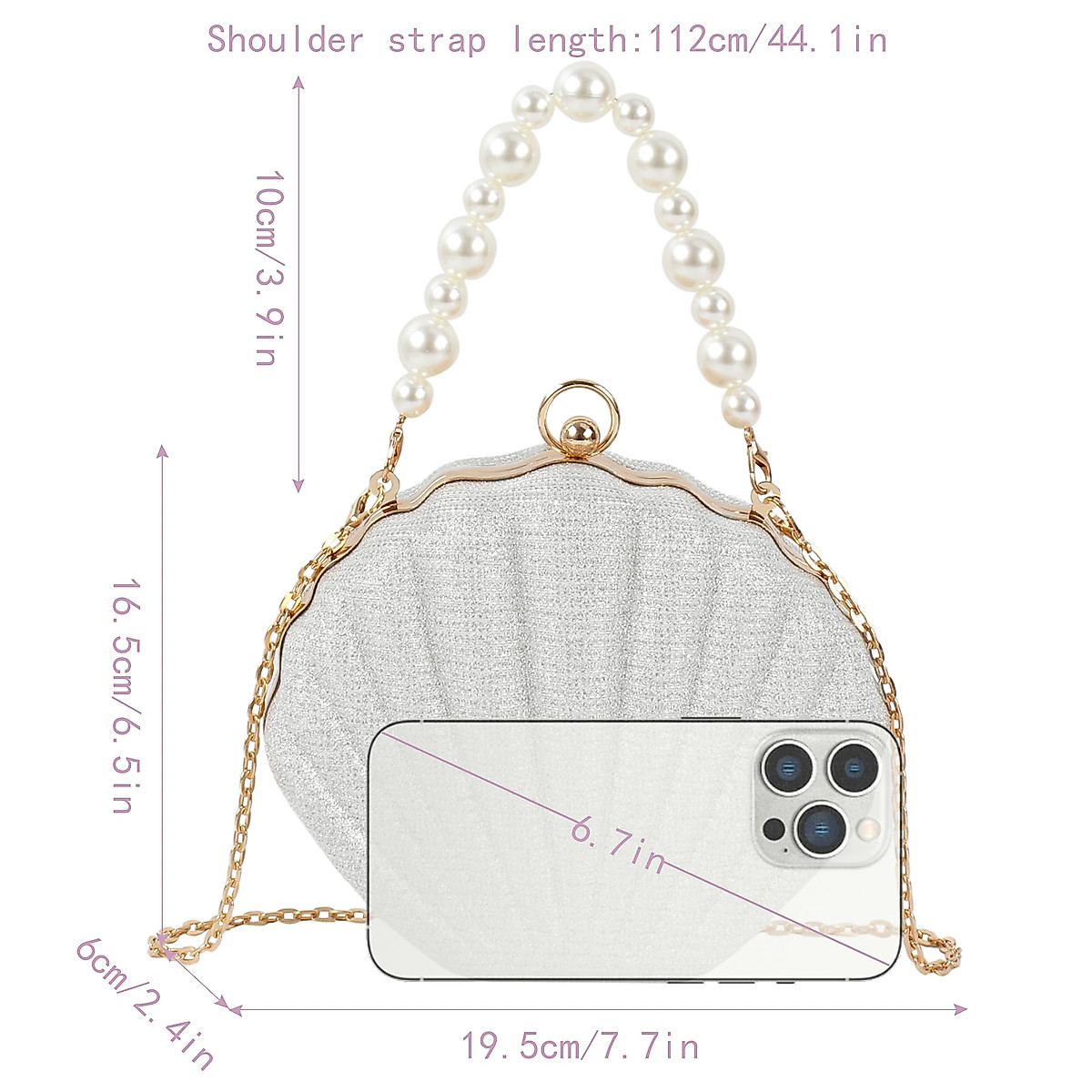 Women Mini Sequins Seashell Clutch Pearls Top-Handle Bag Chain Strap Cross-body Bag