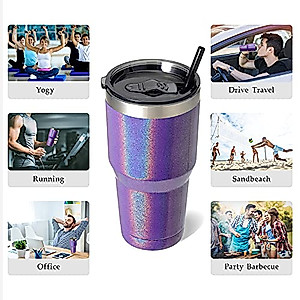 Zibtes 30oz Insulated Tumbler With Lid and Straws, Stainless Steel Double Vacuum Coffee Tumbler Cup, Powder Coated Travel Mug for Home, Office, Travel, Party (Glitter Purple 1 pack)