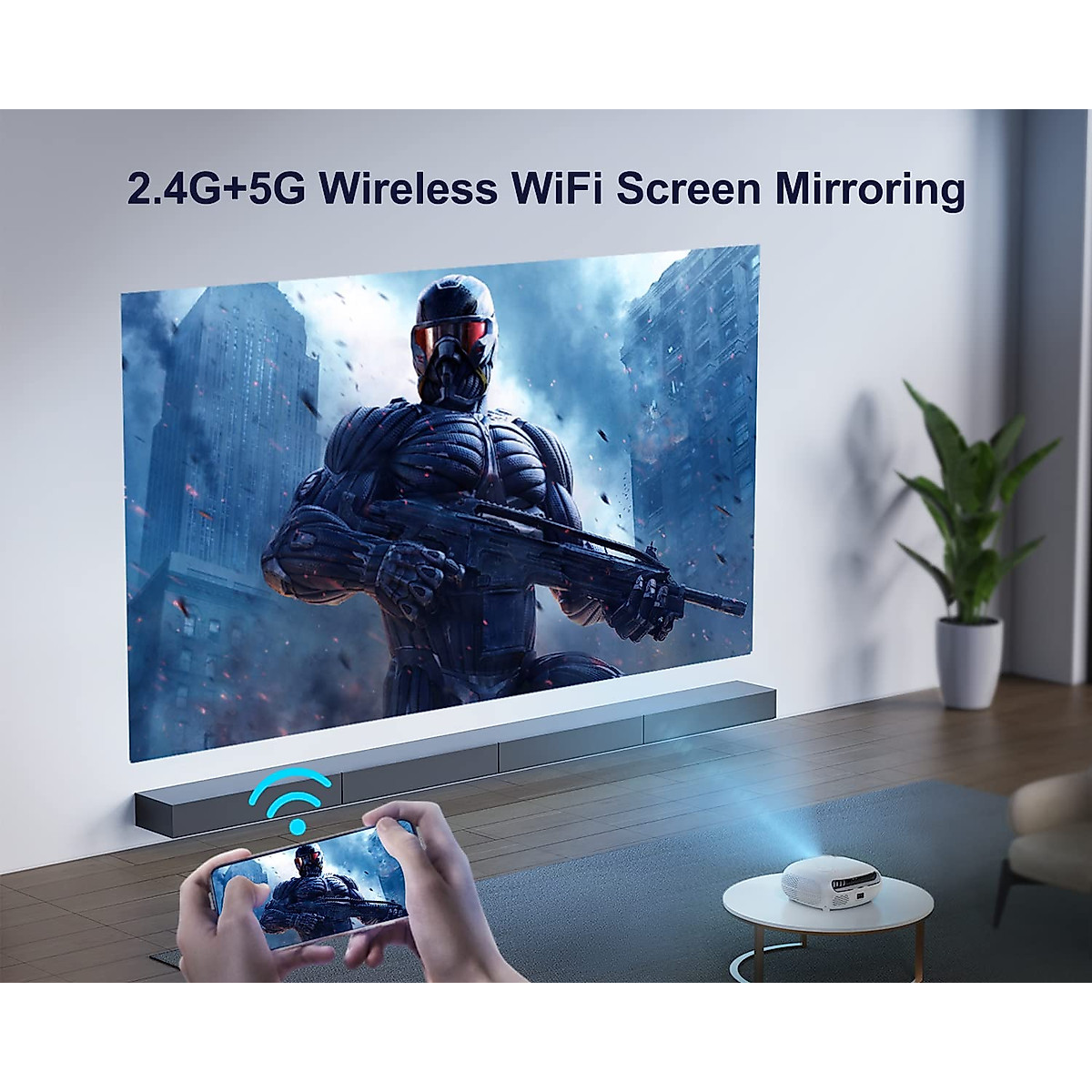 Projector with 5G WiFi & 5.2 Bluetooth, Wimius 480 ANSI Projector 4K Native 1080P Mini projector, HD Video Projector Supports 4P/4D Keystone & 50% Zoom, for HDMI, VGA, USB, Laptop, iOS & Android Phone