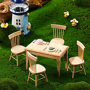 Zhanmai 21 Pcs Dollhouse Miniature Table and Chairs Dollhouse Plates Knives Spoons Forks 1/12 Scale Wooden Table Miniature Mini Dollhouse Accessories for DIY Kitchen Dollhouse Decoration