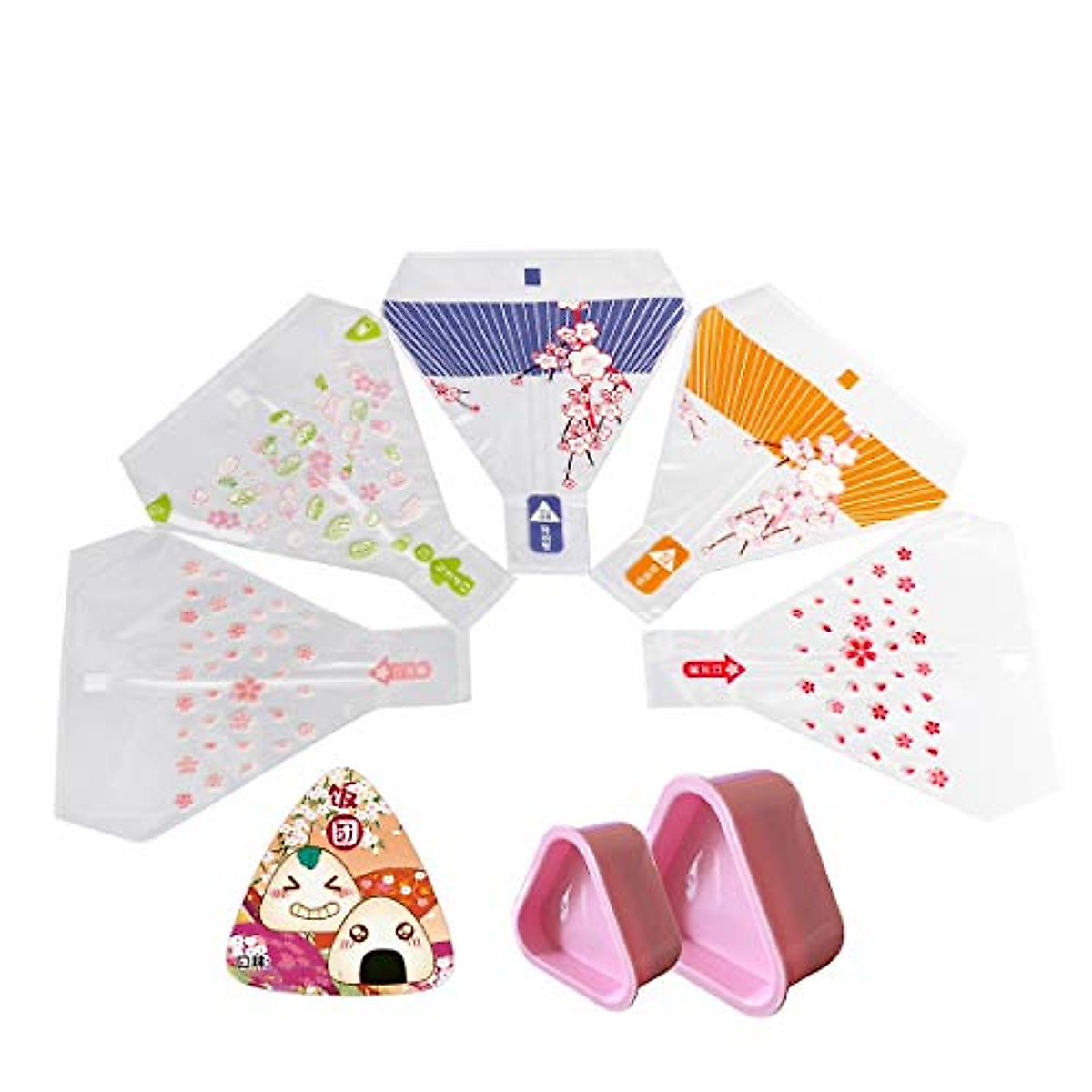 Onigiri Mold, Cute food bag Fashionable sushi bag rice ball packing bag Anti-fog bag Easy tear Sushi packaging bag 100pcs Send stickers 2 triangle molds