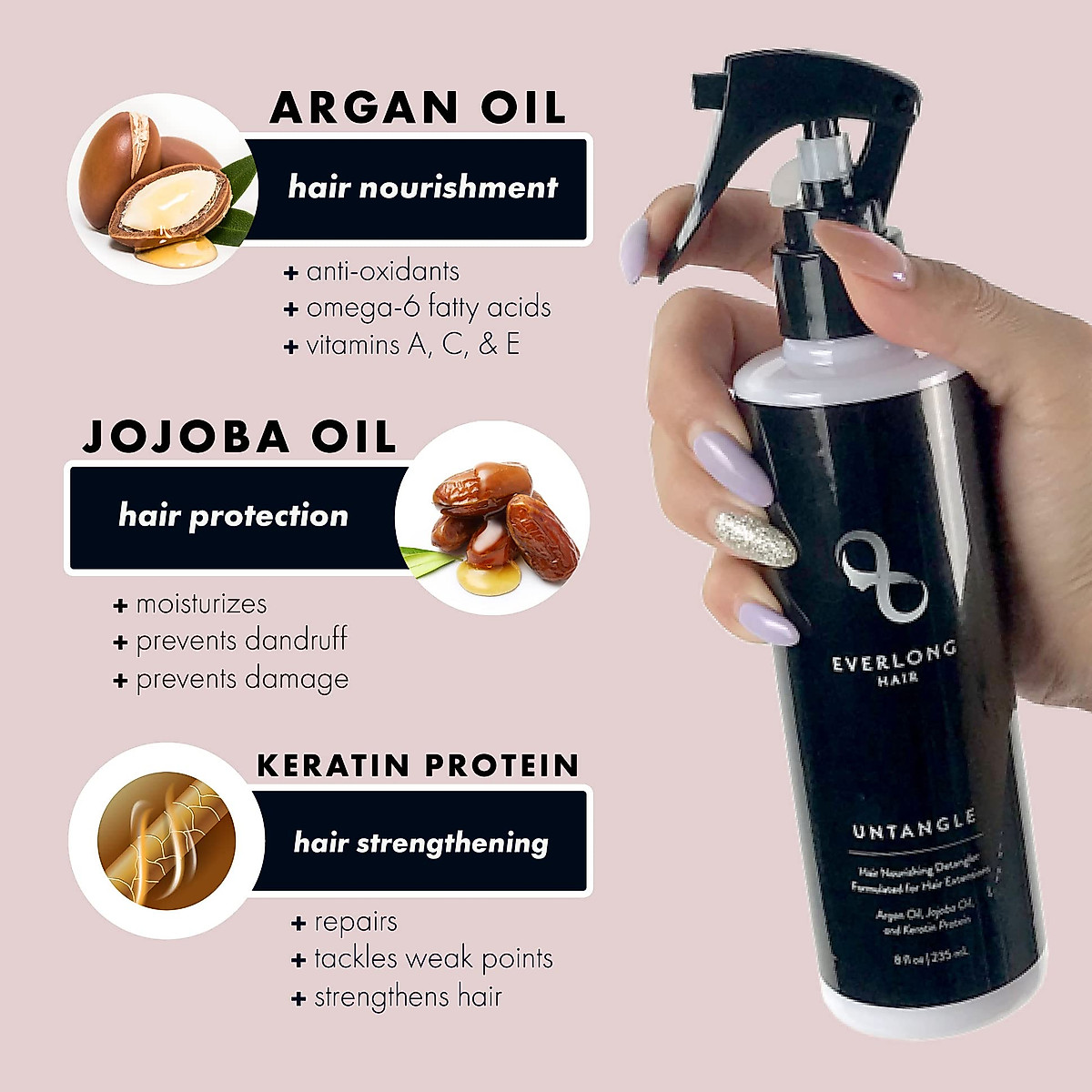 everlong Untangle Leave-in Conditioner Detangler Spray for Hair Extensions & Wigs, Infused with Keratin Protein, Argan and Jojoba Oil, Safe for All Hair Types including Human, Synthetic