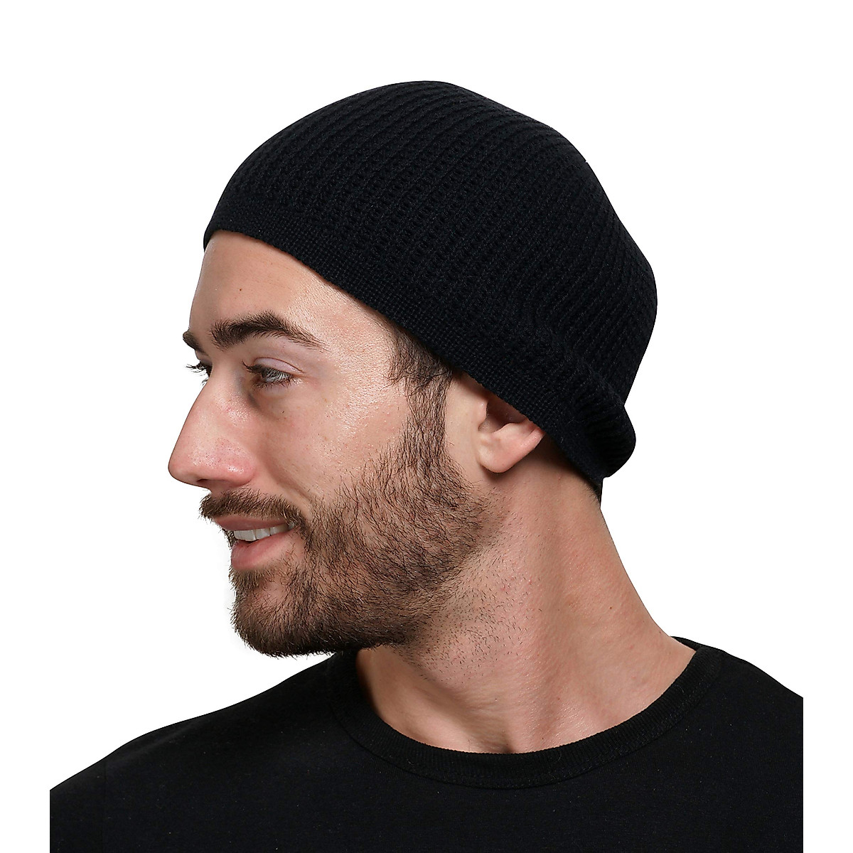 100% Natural Cotton Beanie Skull Cap | Lightweight Single Layer Crochet Cooling Sleep Chemo Caps | Zigzag and Ribbed Patterns (Ribbed - Black)