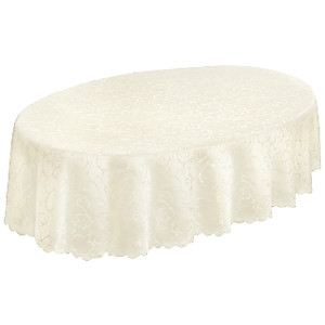 Newbridge Portofino Scalloped Damask Fabric Tablecloth, Wrinkle and Stain Resistant Fine Dining and Holiday Tablecloth, 60 Inch x 84 Inch Oval, Ivory
