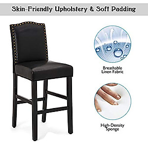 glitzhome Bar Stools Set of 2, 45" H Black Bonded Leather Armless Barchair with High-Back Studded Solid Rubberwood Legs for Kitchen Island Breakfast Chair for Dining Room, Party Room & Restaurant