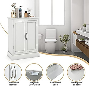 Tangkula Bathroom Storage Cabinet, Freestanding Floor Cabinet with Double Doors and 2 Adjustable Shelves, Anti-toppling Device, Modern Wood Storage for Bathroom Living Room Entryway (White)