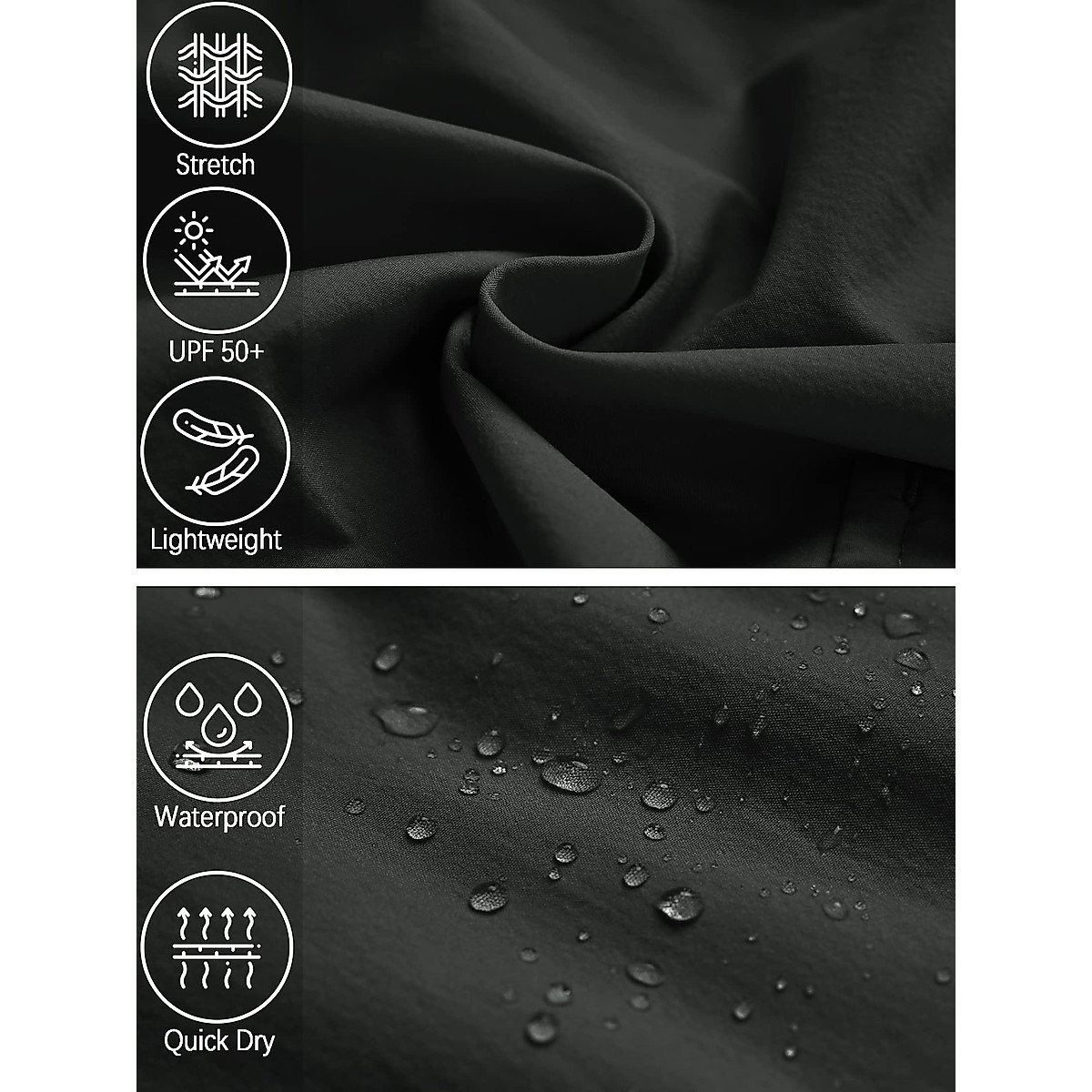 Mens Hiking Convertible Pants Waterproof Lightweight Quick Dry Zip Off Fishing Travel Safari Outdoor Cargo Work Trekking trousers Black 36