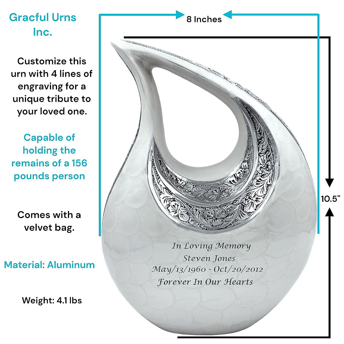 Beautiful White Cremation Urn with Velvet Bag - Personalized Urn - Unique Cremation Urn - Memorial Urn - Engravable Urn - Urns for Ashes