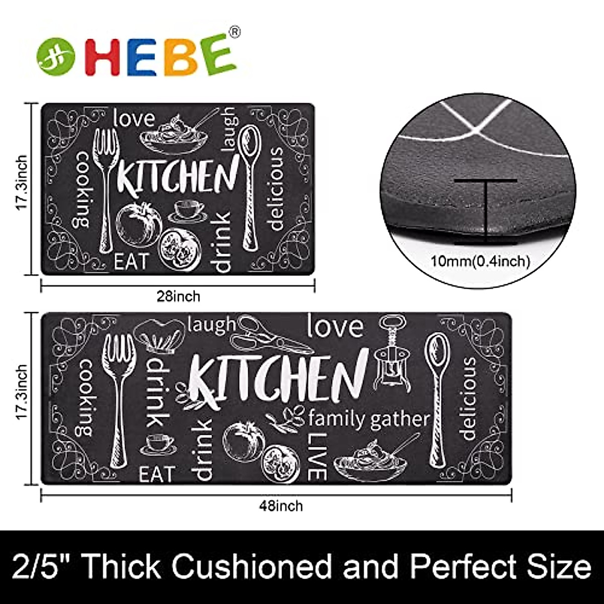 HEBE Anti Fatigue Kitchen Mat Set of 2 Non Slip Thick Cushioned Kitchen Rug Sets with Runner 17"x48"+17"x28" Heavy Duty Comfort Standing Mats Waterproof Kitchen Carpet
