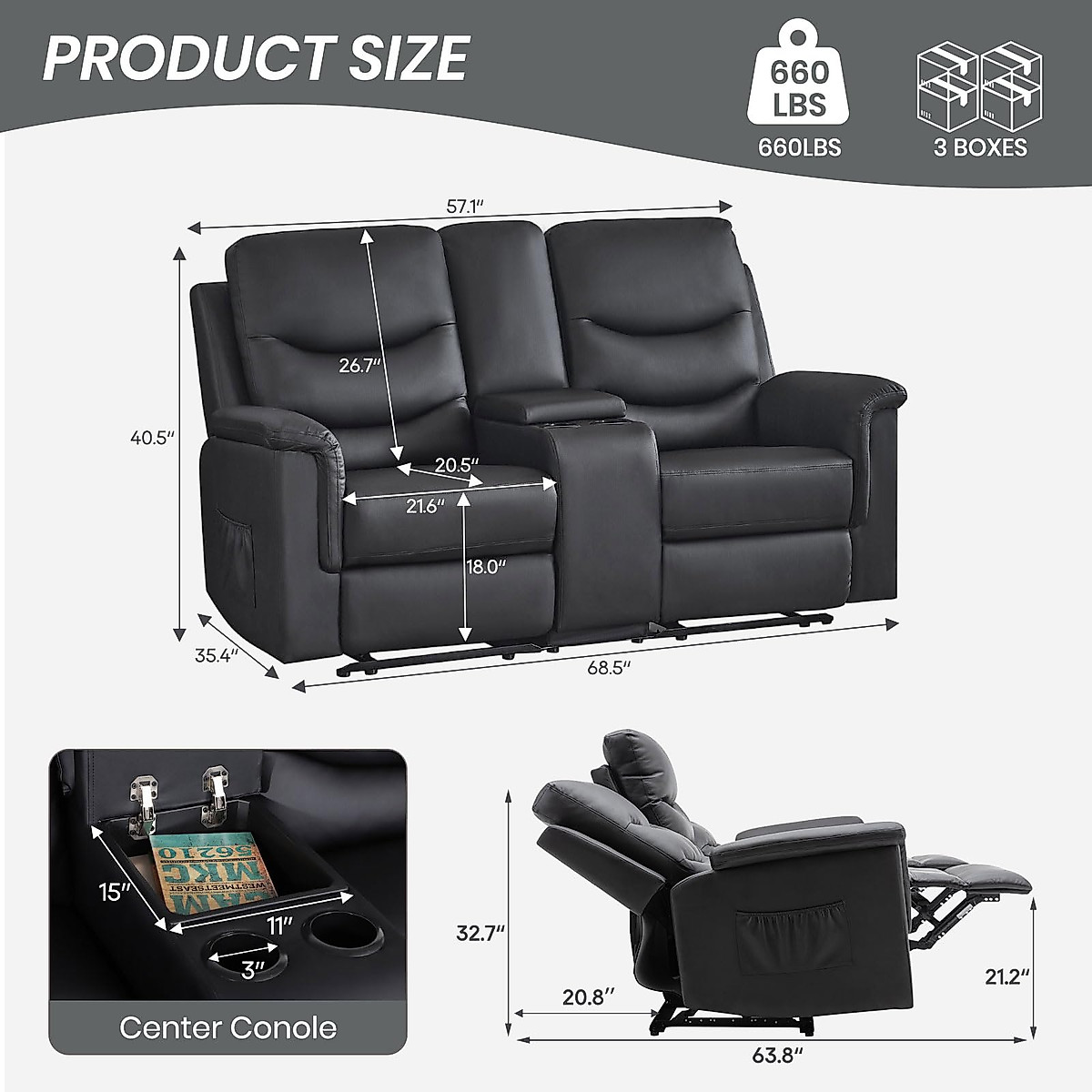 Consofa Loveseat Recliner Reclining Loveseat with Console, Wall Hugger Loveseat Recliner, Double Reclining Loveseat with Side Pockets & Cup Holders for Living Room, Office, Home Theater