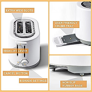 2 Slice Toaster, ROCKURWOK Extra Wide Toaster with Toast Boost, Slide-Out Crumb Tray, Auto-Shutoff and Cancel Button, White