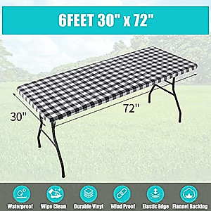 smiry Rectangle Table Cloth Cover, Elastic Waterproof Fitted Vinyl Table Covers for 6 FT Tables, Flannel Backed Buffalo Plaid Tablecloth for Picnic, Camping, Outdoor (Black and White, 30 x 72 Inches)