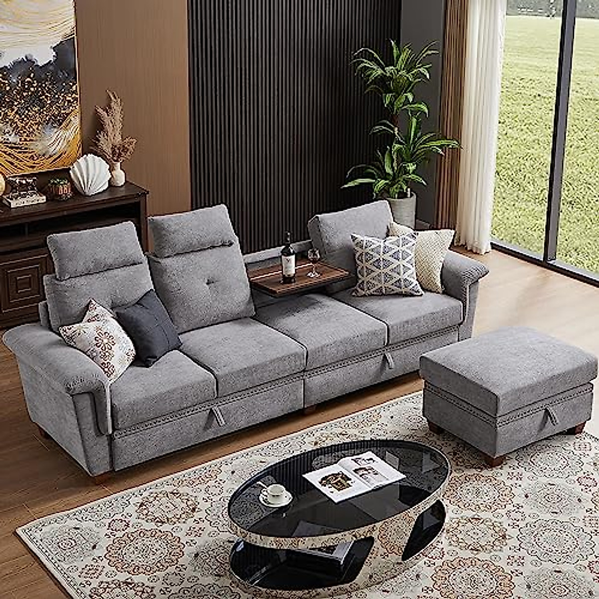 Pingliang Home Convertible Sectional Sofa with Storage, 4 Seat L Shaped Couch with Chaise and Cup Holder, Modern Microfiber Fabric Sofas Couches for Living Room, Apartment, Office (Light Grey)