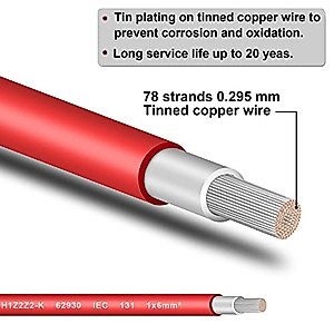 Shirbly Solar Panel Wire - 50FT Black & 50FT Red Tinned Copper Wire, 10AWG (6mm²) PV Wire Solar Extension Cable for Outdoor Automotive RV Boat Marine Solar Panel- Black & Red (10AWG 50FT)