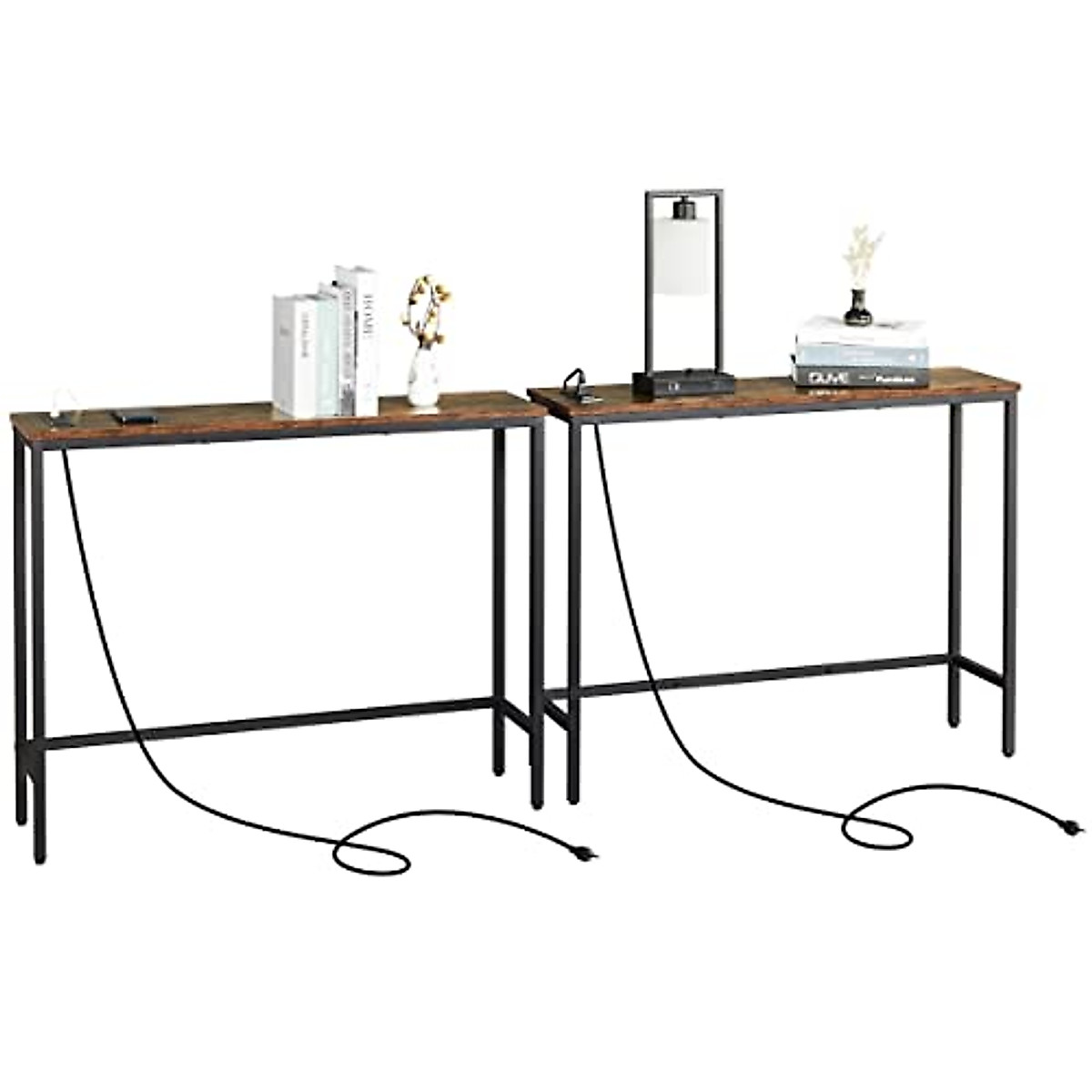 ELYKEN 2 Pack Console Sofa Table with Power Outlets for Entryway, 9.8" Dx39.4 Wx31 H Long Skinny Behind Couch Table with Metal Frame and 6.5’ Extension Cord for Hallway Foyer Entrance