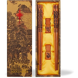 CAEKAIGTA Chopsticks Reusable, Wooden Dragon and Phoenix Chopsticks, Reusable Chopsticks Dishwasher Safe,Chopsticks Set Gift Box packaging（2 pairs）