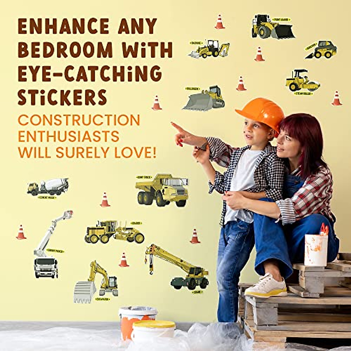 Glow in The Dark Construction Wall Stickers - 10 Large Bright Wall Decals for Bedroom Walls and Ceilings - Glowing Decorations for Boys Room and Girls Room