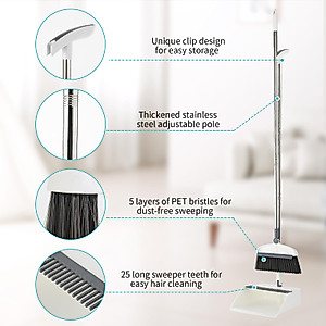 Broom with Dustpan Combo Set, 2 in 1 Broom and Dustpan Set with Long Handle, Upright 180° Rotating Broom with Brush and Lightwight Dust Pans for Home Kitchen Room Office Lobby Floor Cleaning，White