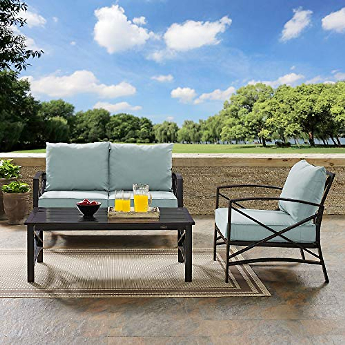 Crosley Furniture Kaplan 3-Piece Outdoor Loveseat Patio Furniture Set, Conversation Sets for Porch, Deck, Oiled Bronze with Mist Cushions