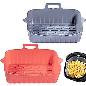 2Pcs Air Fryer Silicone Liners, Reusable Air Fryer Rectangular Pot, Fit for 8QT Air Fryer, Easy Cleaning (Red+Gray)