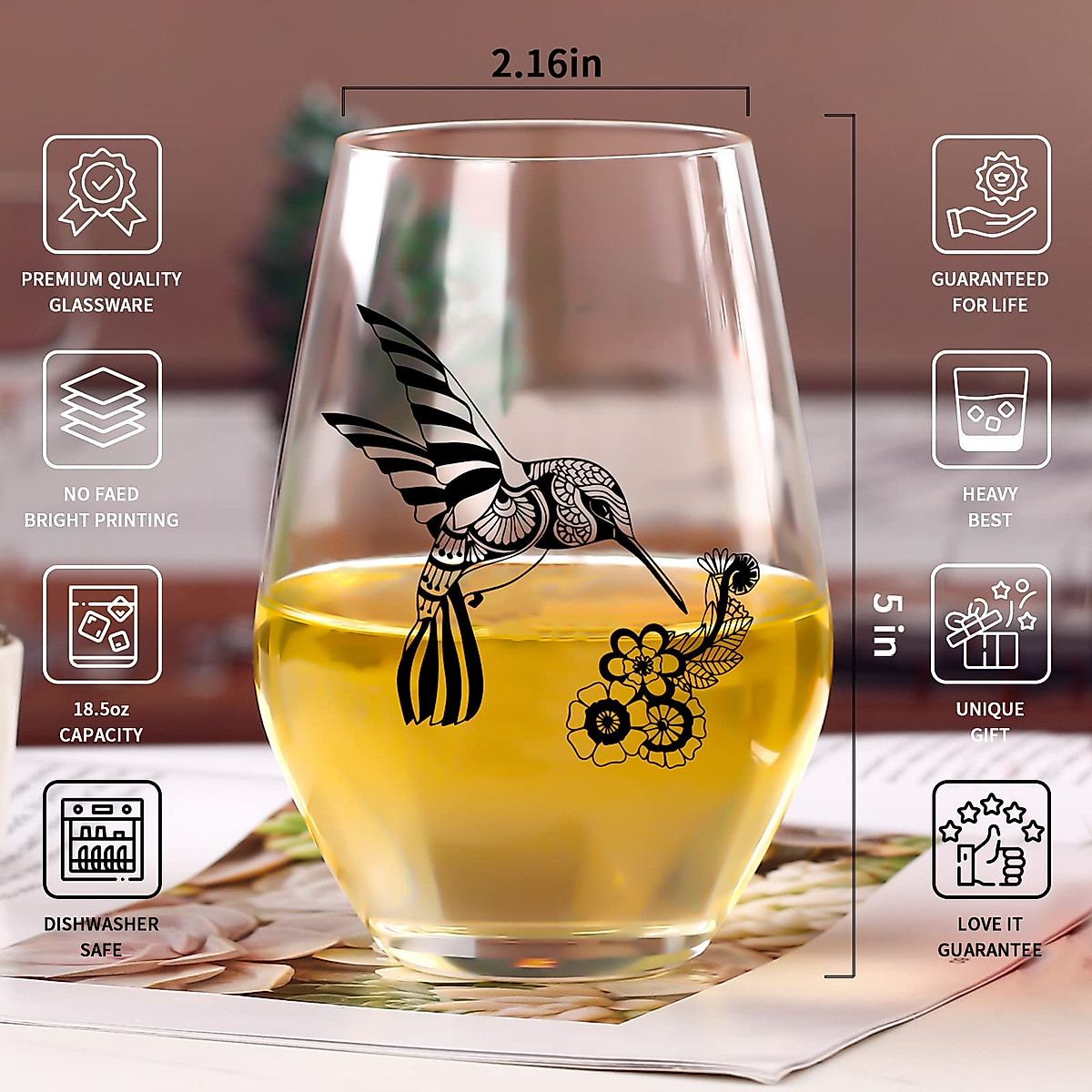 Mother's Day Wine Glass Gift-Hummingbird Stemless Wine Glass -Birthday Day Gift for Mom Her,Hummingbird Gifts For Women