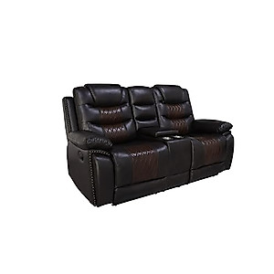 New Classic Furniture Nikko Faux Leather Manual Console Loveseat with Dual Recliners, Brown