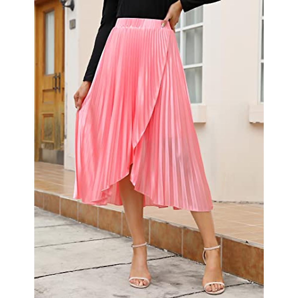 KOJOOIN Women's Barbie Skirts Pleated High Elastic Wasit A-line Asymmetrical Hem Swing Flowy Skirts with Lining Barbir Pink 2XL